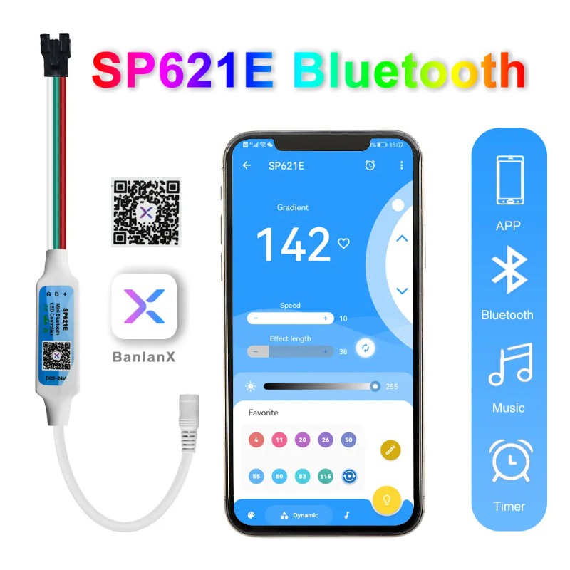 DC5V-24V SP621E 3Pin Mini Bluetooth Controller APP Control 600 Pixels ...