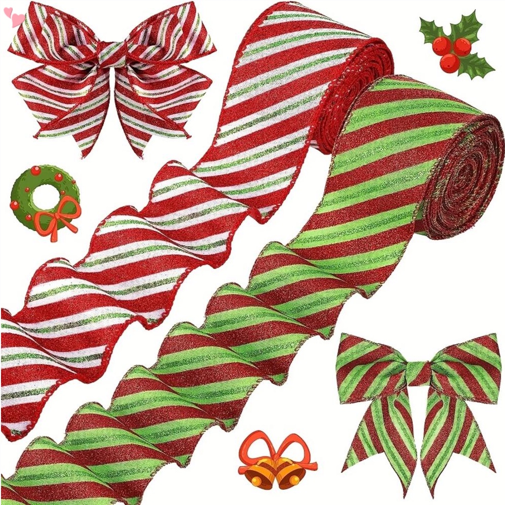 Wired Christmas Holiday Ribbon - Green with Red$white with red Glitter ...