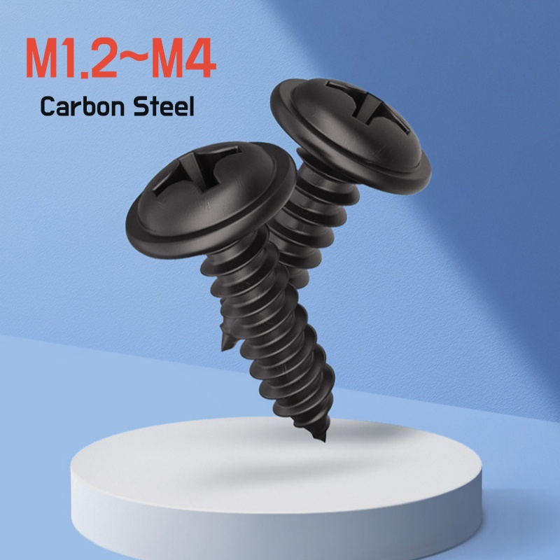 20~100Pcs M1.4 M1.7 M2 M2.3 M2.6 M3 M4 PWA Cross Round Head with Washer Self Tapping Screw Black ...