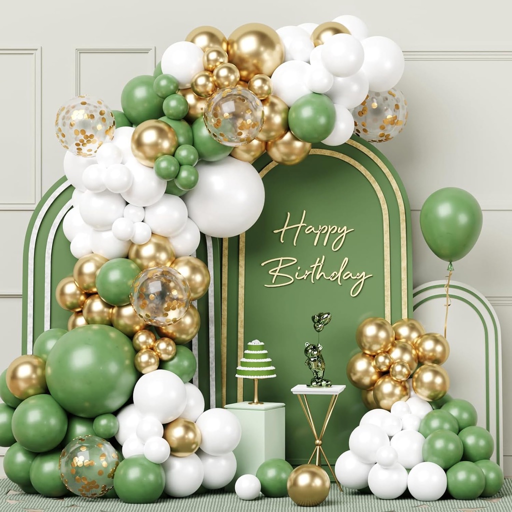 Sage Green Balloon Garland Arch Kit, Olive Green Balloon with White Gold and Confetti Balloons ...