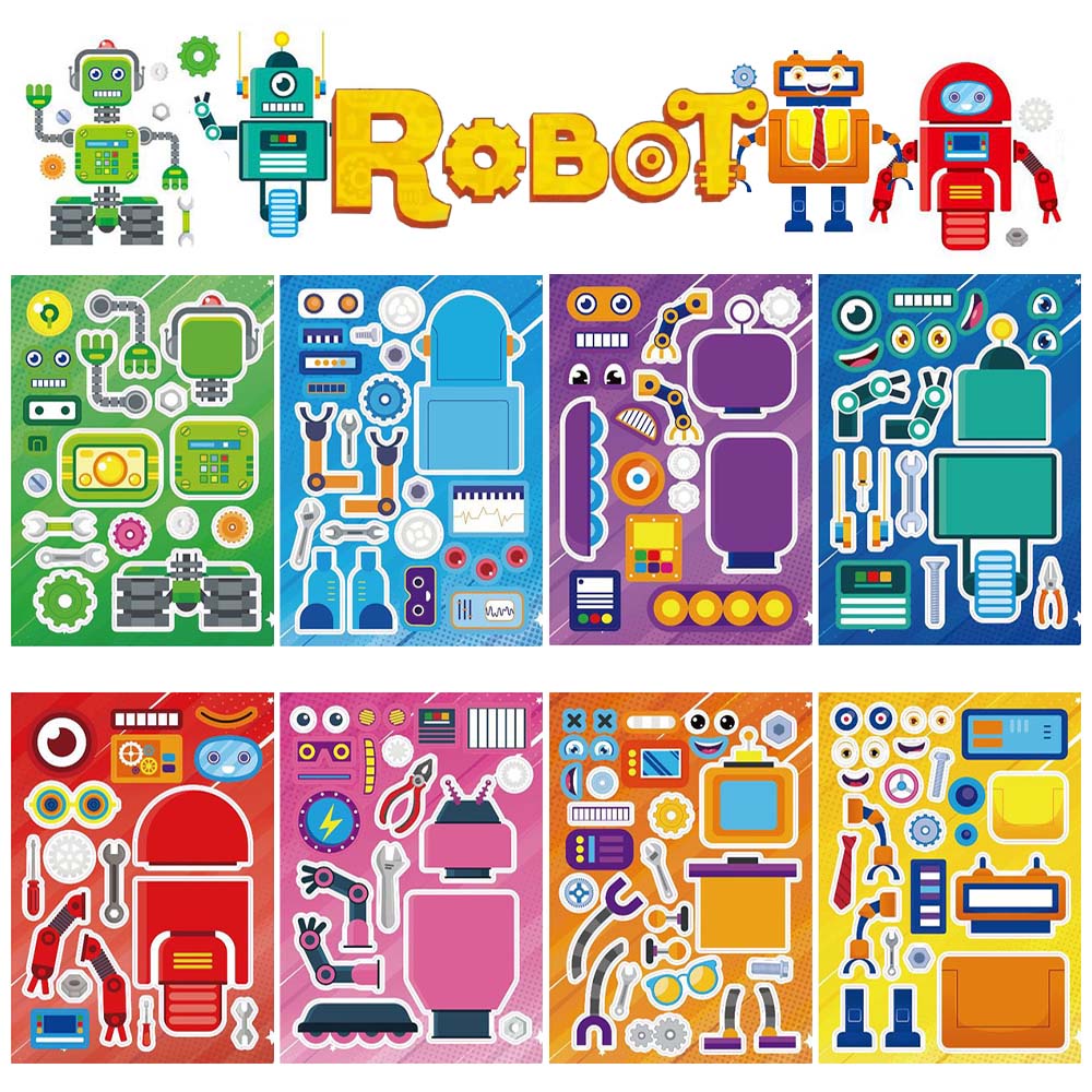 8sheets Cute Cartoon Robot Puzzle Sticker Children's Parent Child ...