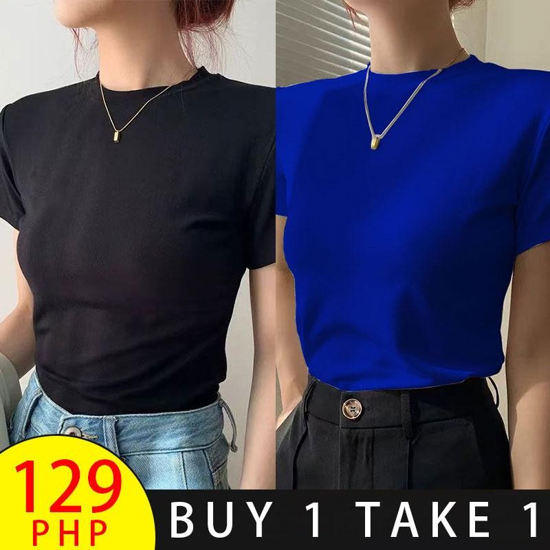 [BUY 1 TAKE 1] 2pcs Double Lining Plain T-Shirt Boatneck Basic Tops ...