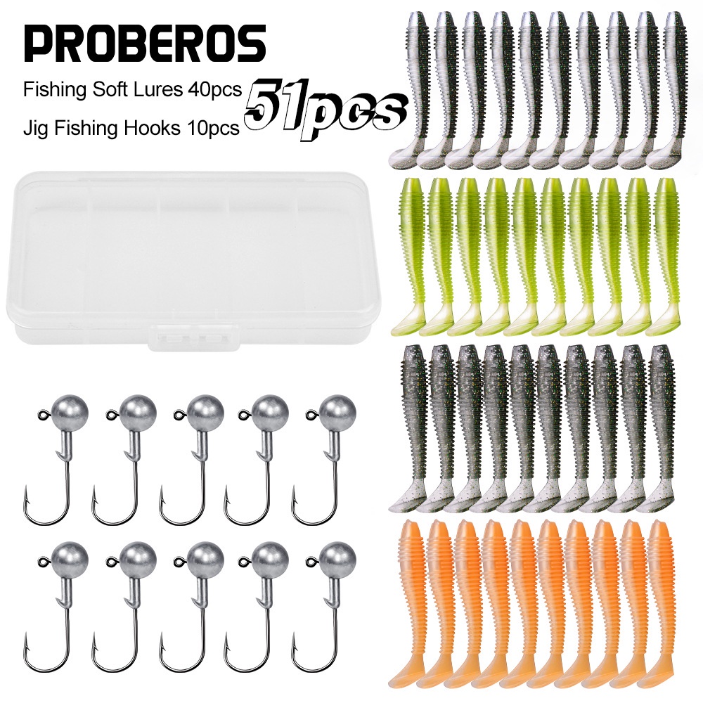 PROBEROS 51PCS Silicone Soft Fishing Lures Set with Box 6cm T Tail Soft ...