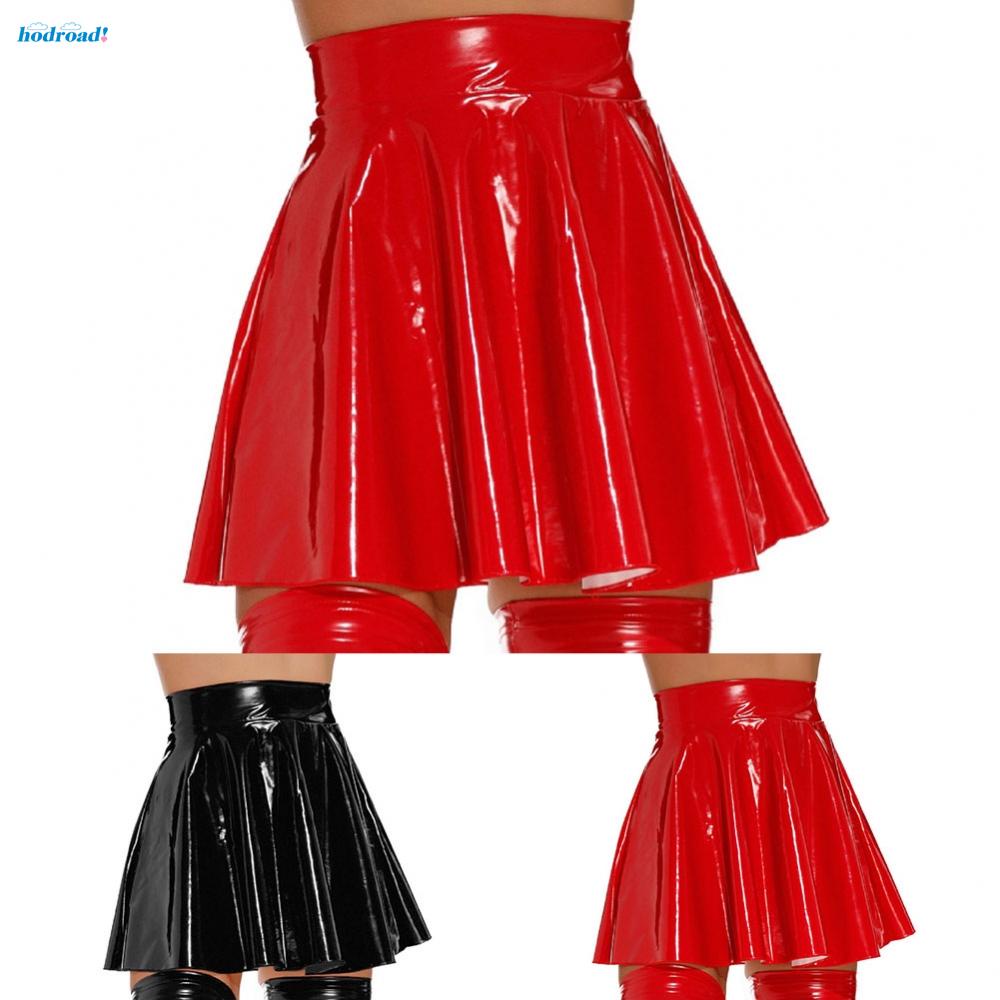【HODRD】Bodycon Short Skirt High Waist PVC Leather Pleated Skirt Slight ...