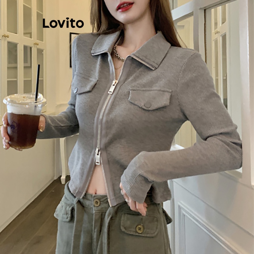 Lovito Women Zipper Fake Pocket T-Shirt LNA33067 (Grey) | Shopee ...