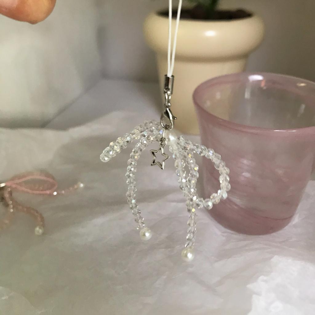 Steve Pink Crystal Bow Phone Chain Ins Handmade Beaded Sweet Album Deco ...