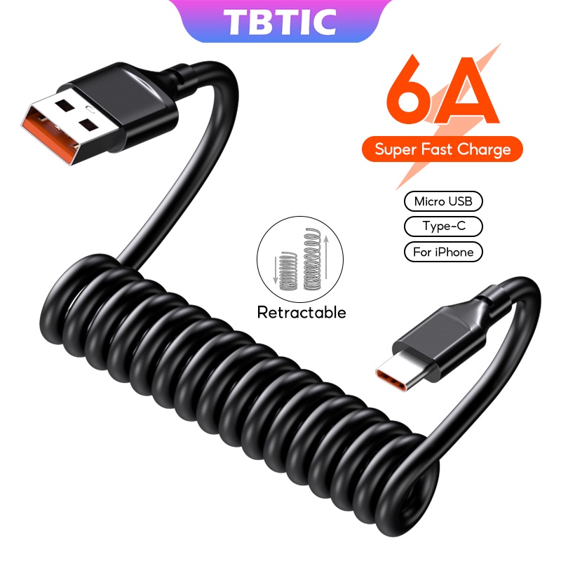 6A 1.8M Type C Cable Super Charge Micro USB Telescopic Car USB Cable ...