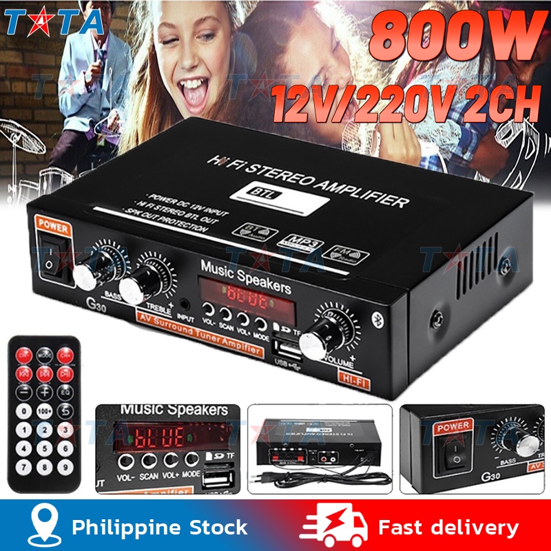 12V/ 220V 800W 2Channel Car Audio Bluetooth Stereo Amplifier G30 ...
