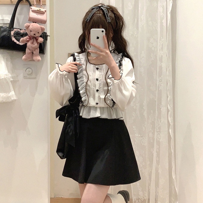 Jk Neckline Pearl Heart lolita Inner Lace Narrow-Waisted Top Shirt ...