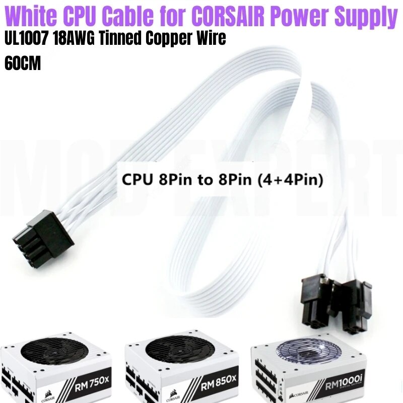 White CPU Power Cable PSU 8Pin to 4+4Pin EPS 12V for CORSAIR RM750x ...