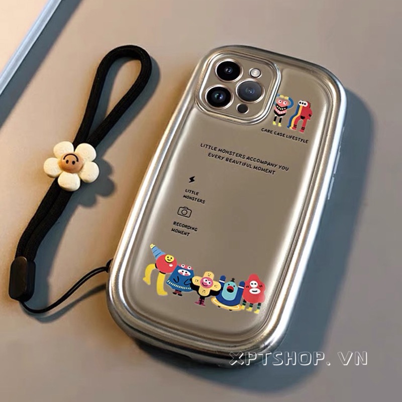 Doodle Monster Flower Black Lanyard Silver Oval Phone Case For iPhone ...