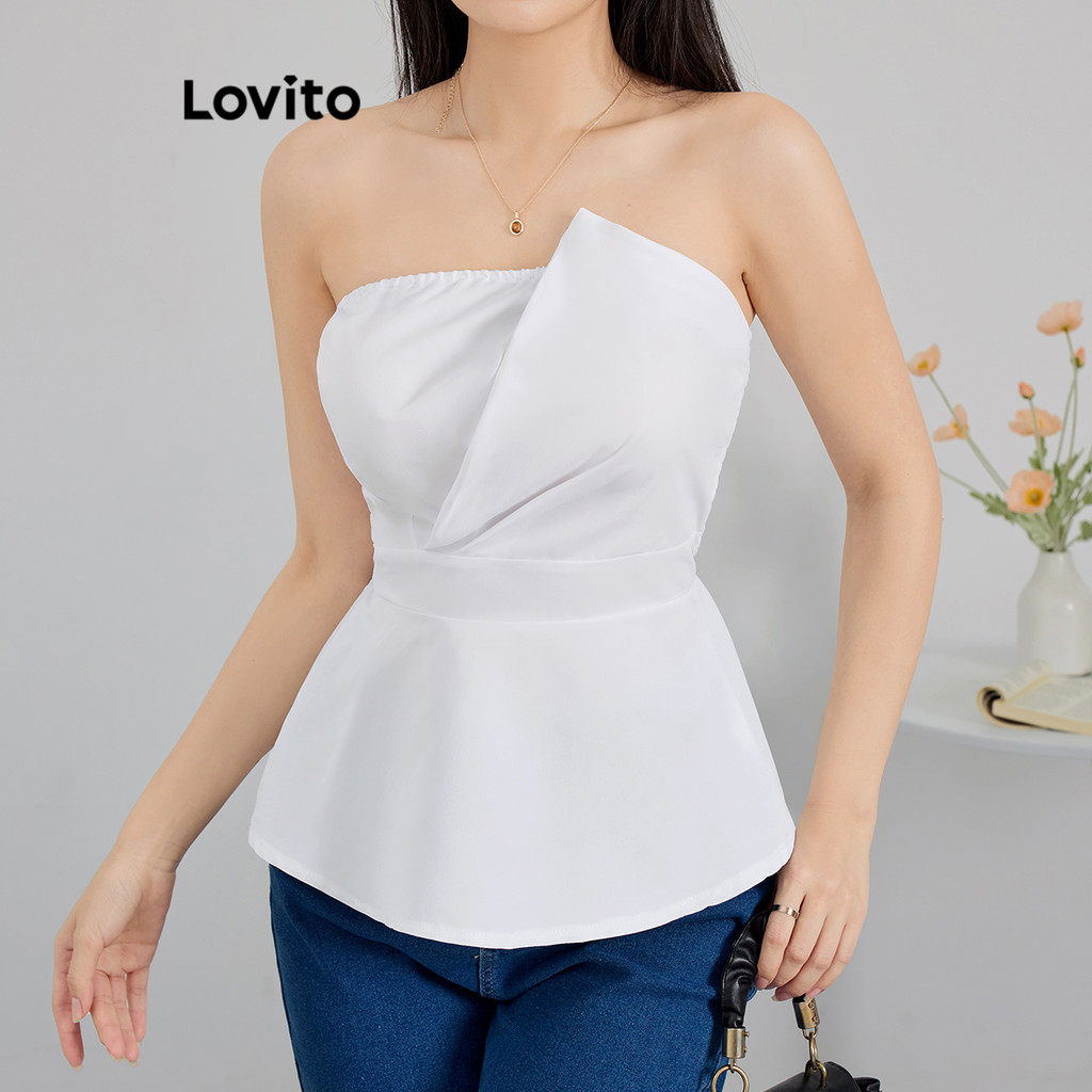 Lovito Women Elegant Plain Asymmetrical Pleated Tank Top L120ED1322 ...