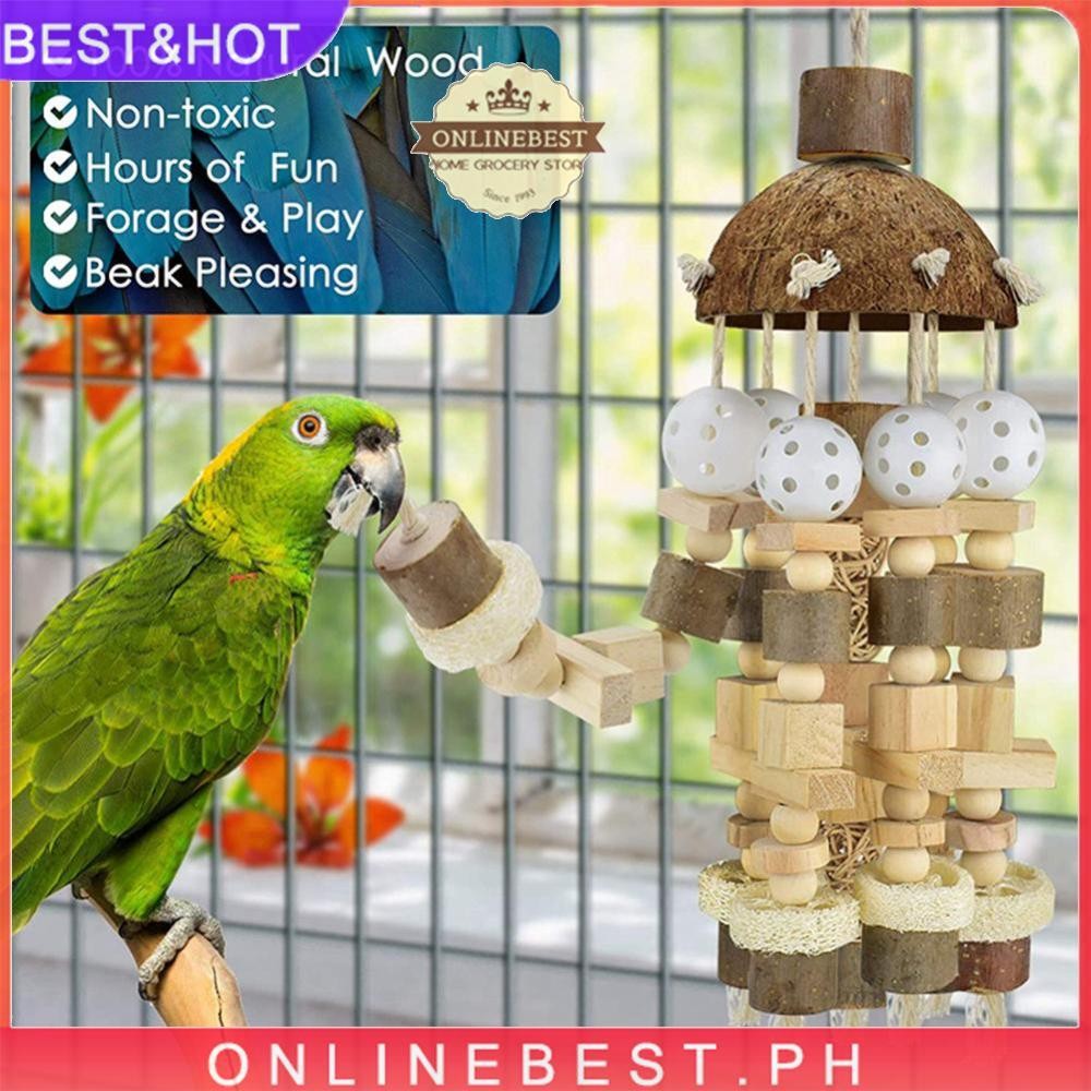 Macaws Cockatoos Hanging Bite Coconut Shell Wooden Blocks String Parrot ...