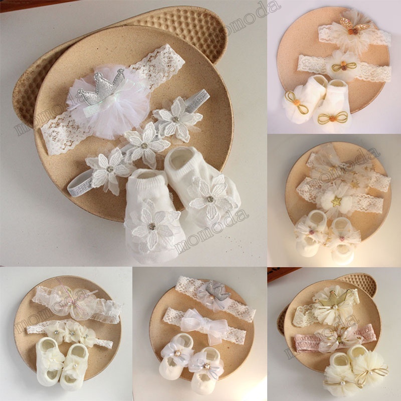 3Pcs Sets White Christening Baby Girl Headband + Socks Set Newborn ...