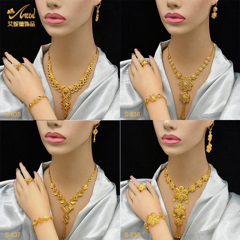 Saudi Arabia 24k gold jewelry African bride necklace earrings ring ...