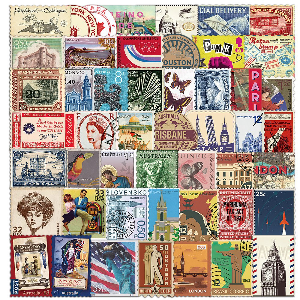 50Pcs/Set Retro Vintage Stamps Stickers Nostalgic postmark series DIY ...