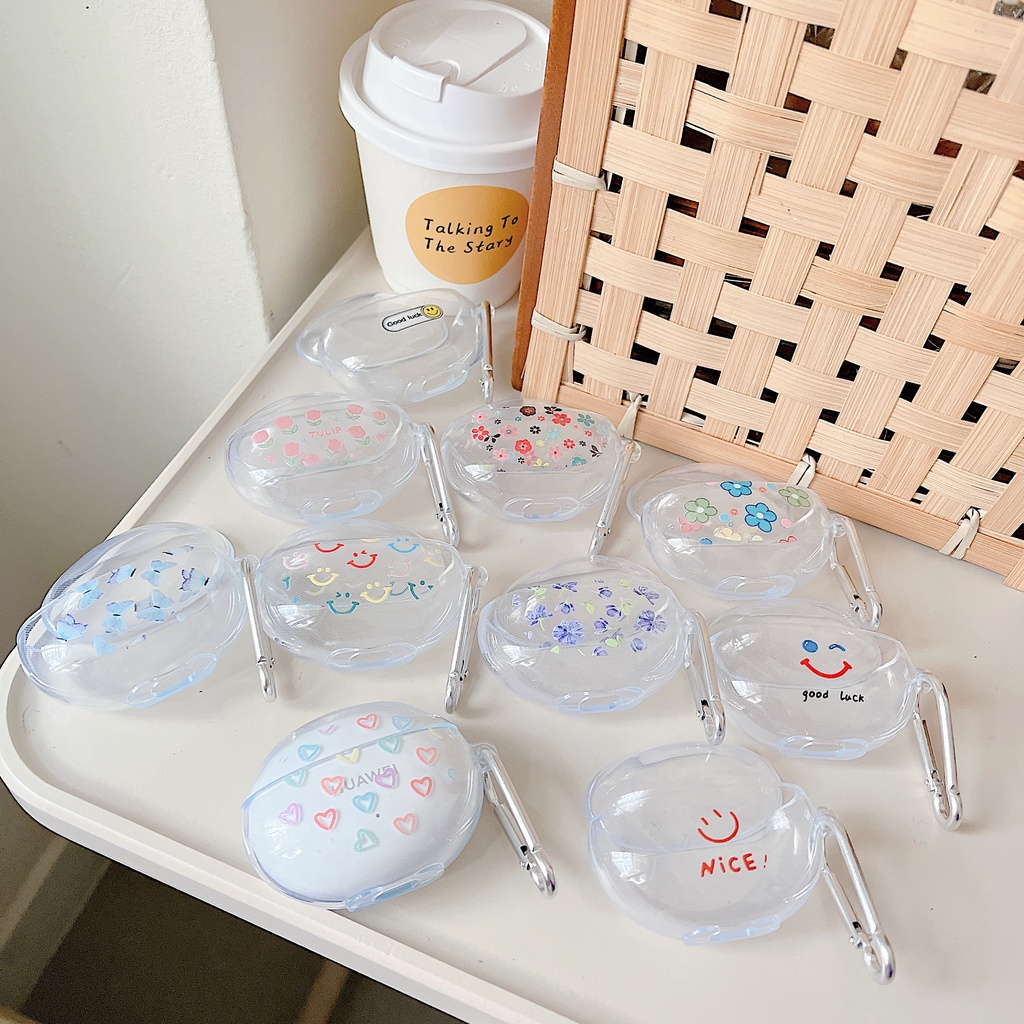 For Huawei Free Buds 5i Case Cute transparent print flowers smiley face ...