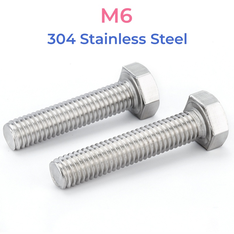 304 Stainless Steel External Hex Hexagon Head Screws M6 Full Threaded ...