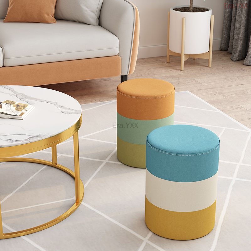 Round Stool Living Room Bench Solid Wood Low Stool Fabric Shoe Changing ...