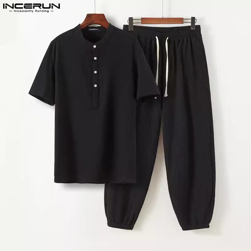 INCERUN Men Stand-Up Collar Solid Colour Short Sleeve Casual Two-Piece ...