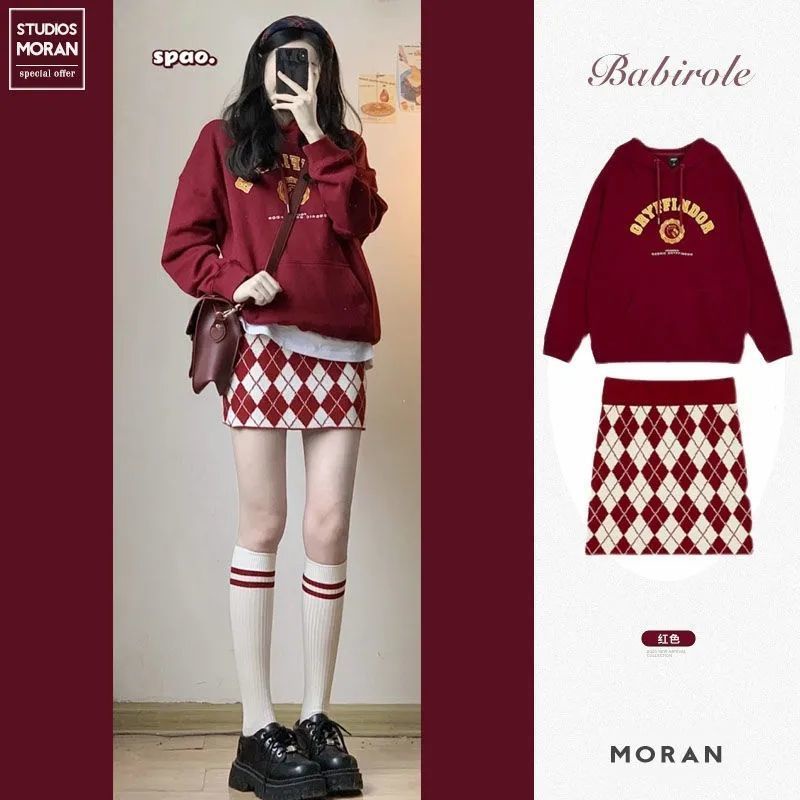 Preppy Style Loose Red Christmas Hooded Sweatshirt Fleece Women's Hip ...