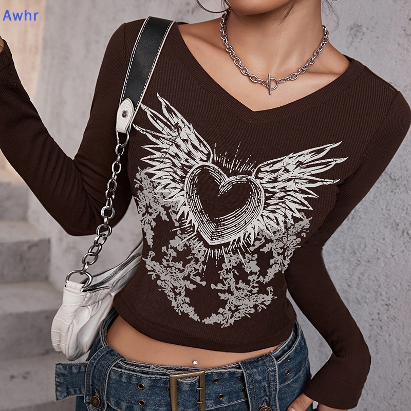 Awhrme Y2k Tops Women Gothic Clothes Graphic Heart Wing Print V Neck ...