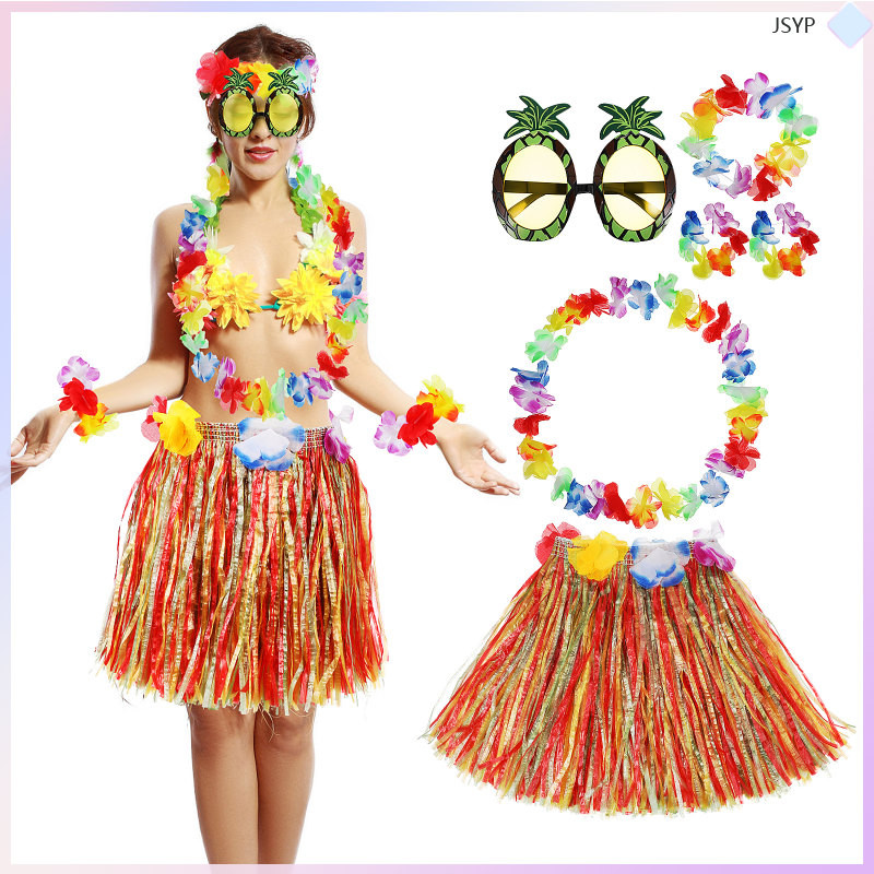 Hula Grass Skirt Girls Hawaiian Outfit for Luau Figurines Costume Suit ...