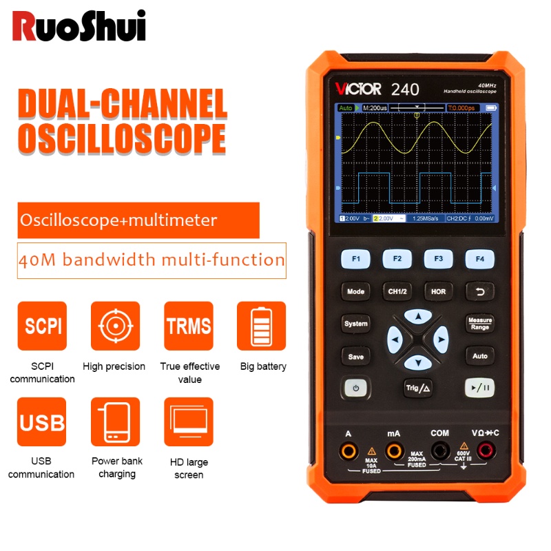 Oscilloscope 3-in-1 Digital Oscilloscope Waveform Generator Ture RMS Multimeter Handheld 2CH USB ...