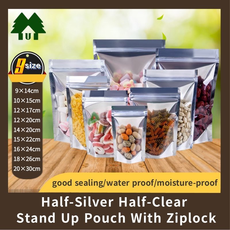 Ziplock 50-100 pcs Half Silver Aluminum Half Clear Stand Up Pouch with ...