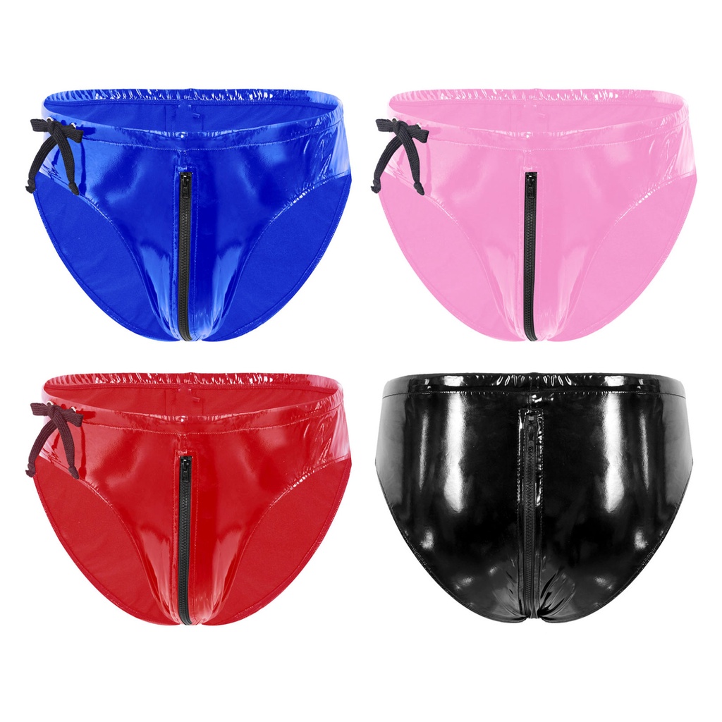Mens Drawstring Low Waist Zipper Briefs Patent Leather Underpants ...