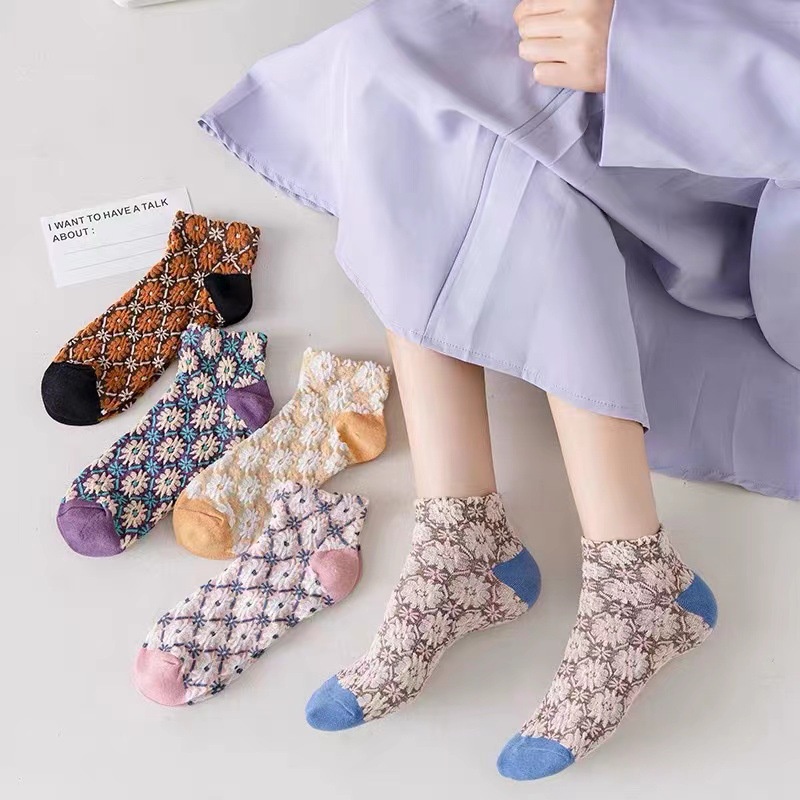 Women Short Socks Spring Summer Thin Style Boat Socks Embossed Retro ...