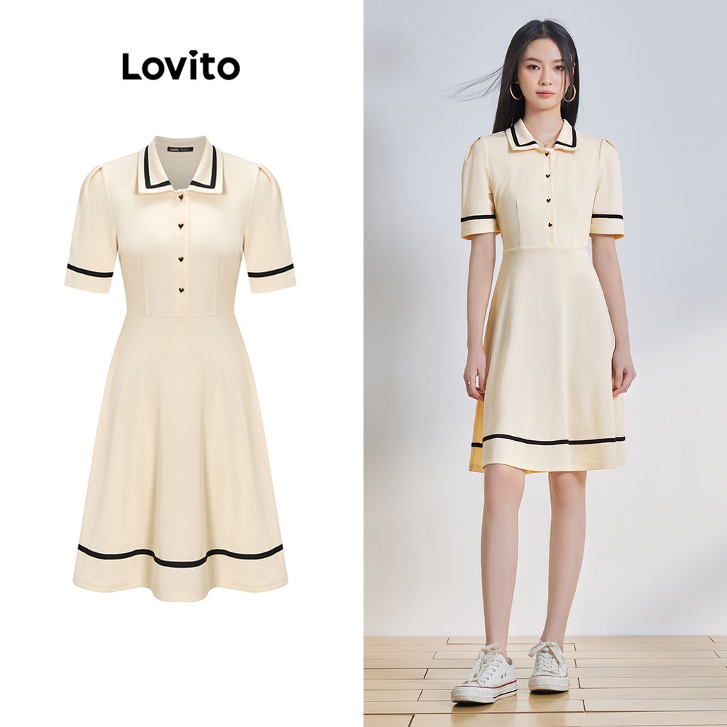 Lovito Women Casual Plain Contrast Binding Metal Ruffle Polo Collar ...