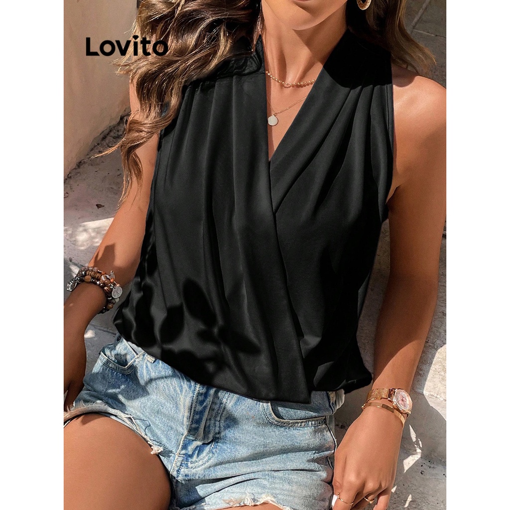 Lovito Women Casual Plain Wrap Pleated Tank Top LBE04053 (Black ...