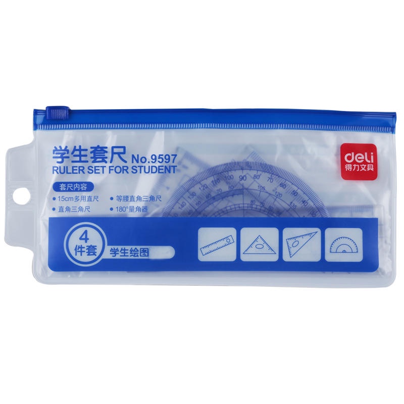 Deli 9597 Student Ruler Set, Straight Ruler+Triangle Ruler+protractor 4 ...