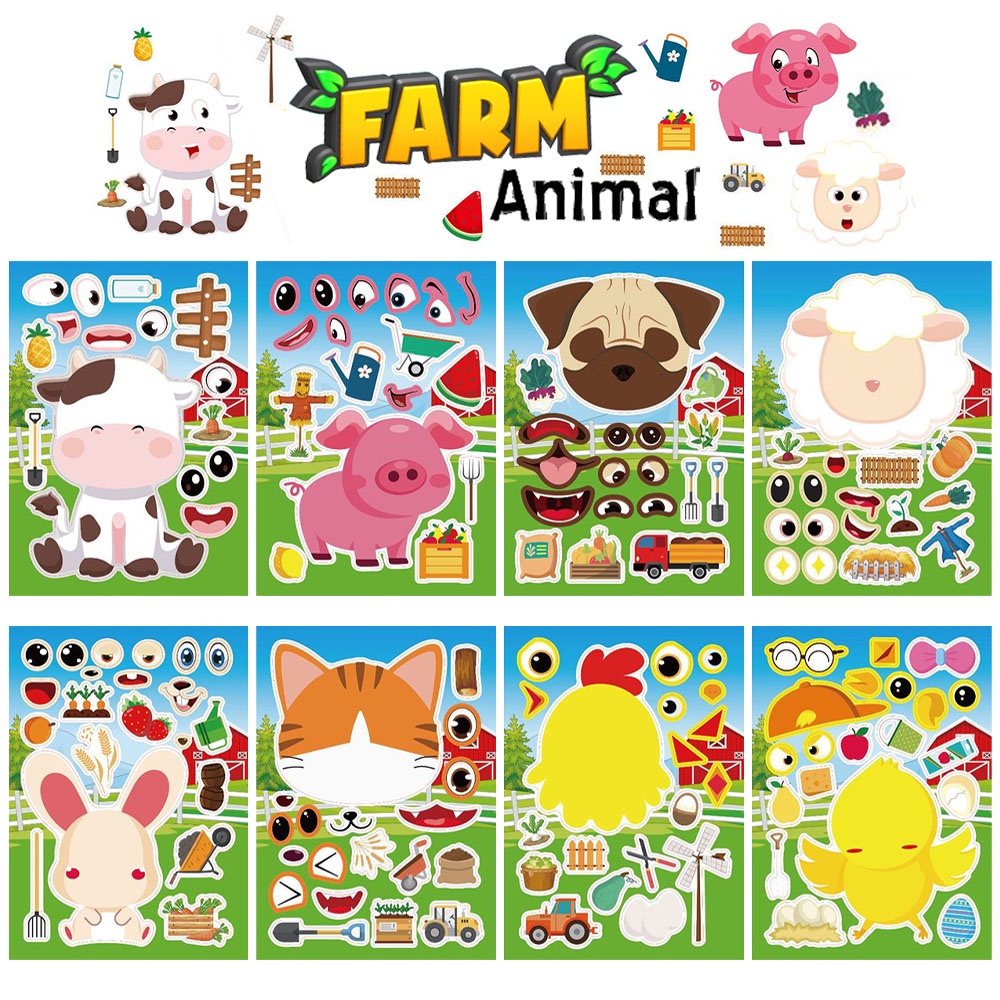 8pcs Cute Cartoon Farm Animal Series Puzzle Stickers for Children's ...