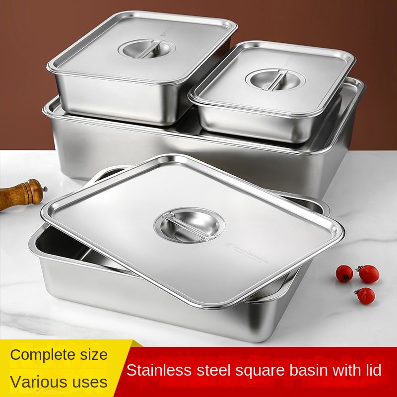 304 Stainless Steel Square Basin with Lid Rectangular Flat-Bottom ...