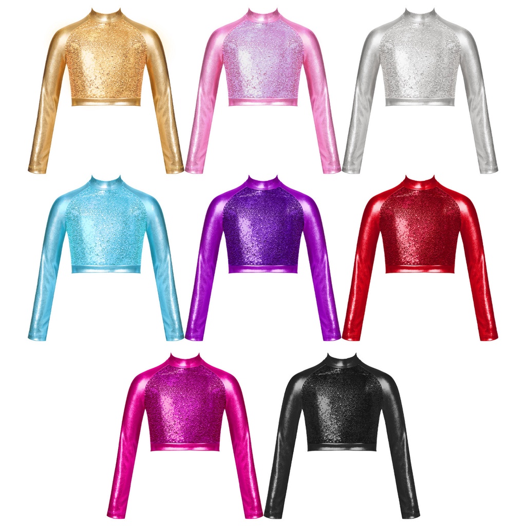 Kids Girls Shiny Metallic Dance Top Mock Neck Long Sleeve Front Sequin ...