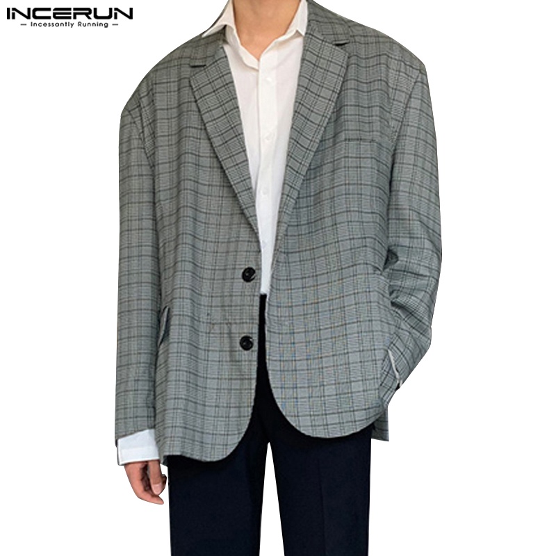 INCERUN Men Korean Plaid Casual Drop Shoulder Long Sleeve Blazer ...
