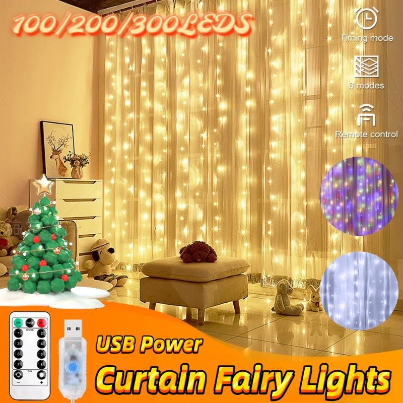 3x3M 300 LED Curtain Fairy Lights USB String Window Lights Stars Fairy ...