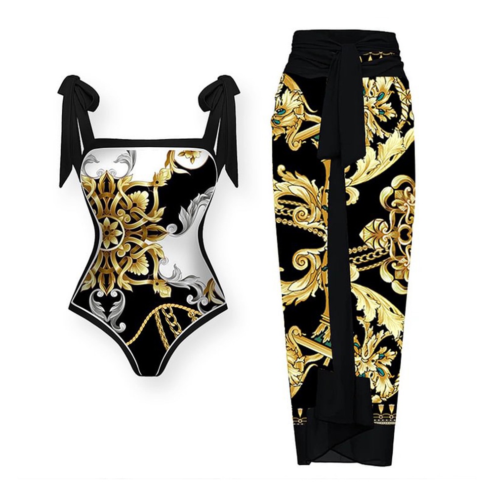 Black Printed One Piece Swimsuit with Skirt Cover Up For Women Beach ...