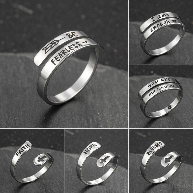 "BE FEARLESS" "FAITH" "KEEP GOING ON" New Cross Ring Female Stainless ...
