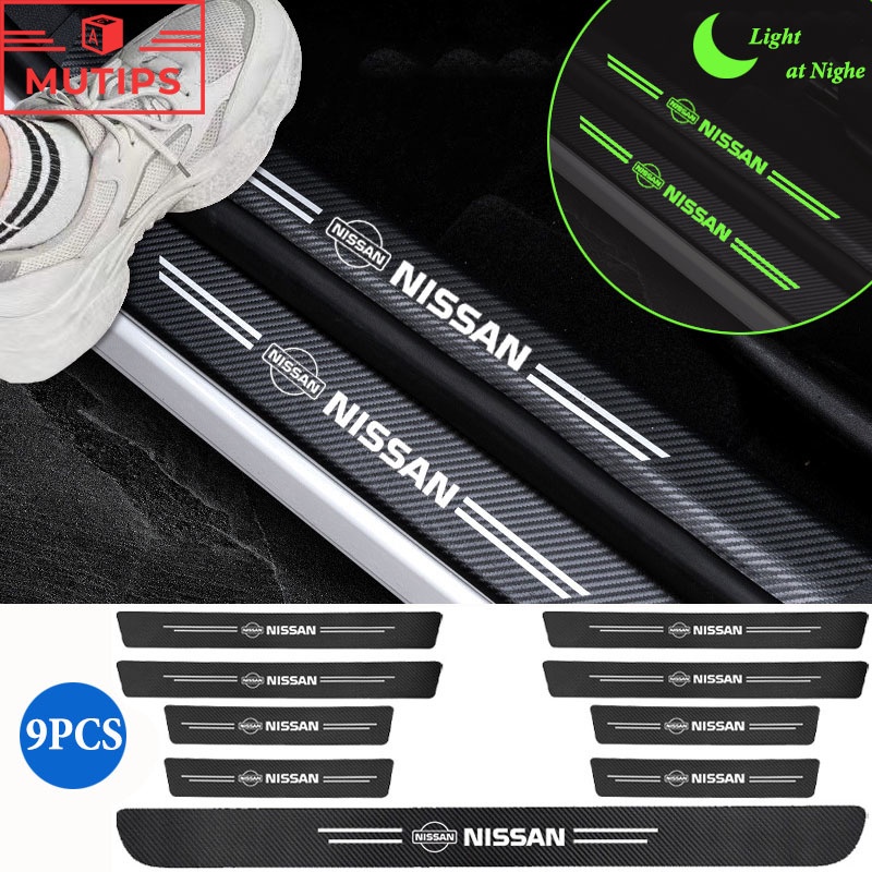 Nissan 9PCS/Set Car Luminous Door Sill Strip Carbon Fiber Leather Door ...
