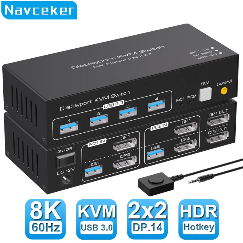 Navceker Dual Monitor DP KVM Switch 4K 120Hz 2x2 USB 3.0 HDMI KVM Switch 2 in 2 out 8K 60Hz ...