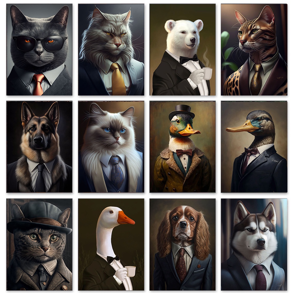 Wearing Formal Animal Realistic Cat Duck Dog Poster Canvas Painting ...