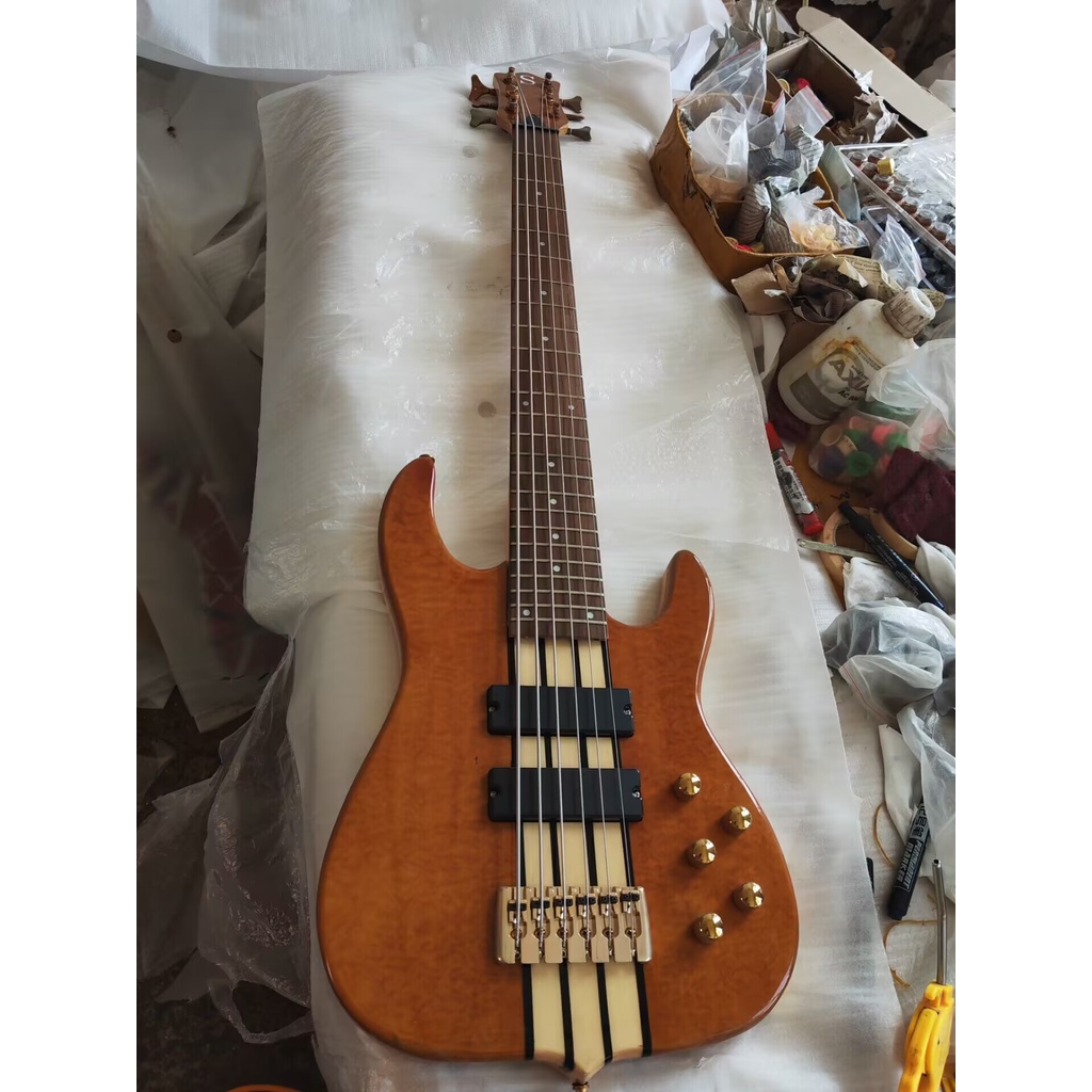 Brown 6 Strings Electric Bass Guitar 24 Frets Active Pickup Maple Neck ...