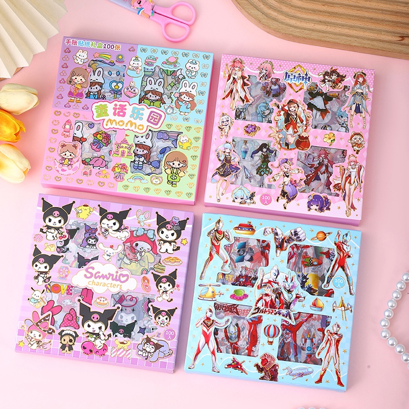 100 Sheets Sanrio Cute Stickers Transparent Cartoon Sticker Color Box ...