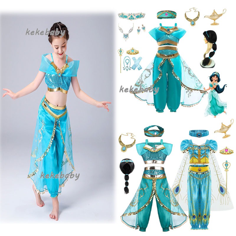 Disney Princess Jasmine Costume for Kids Girl Fashion Cute Puff Sleeve Aladdin Lamp Cosplay ...
