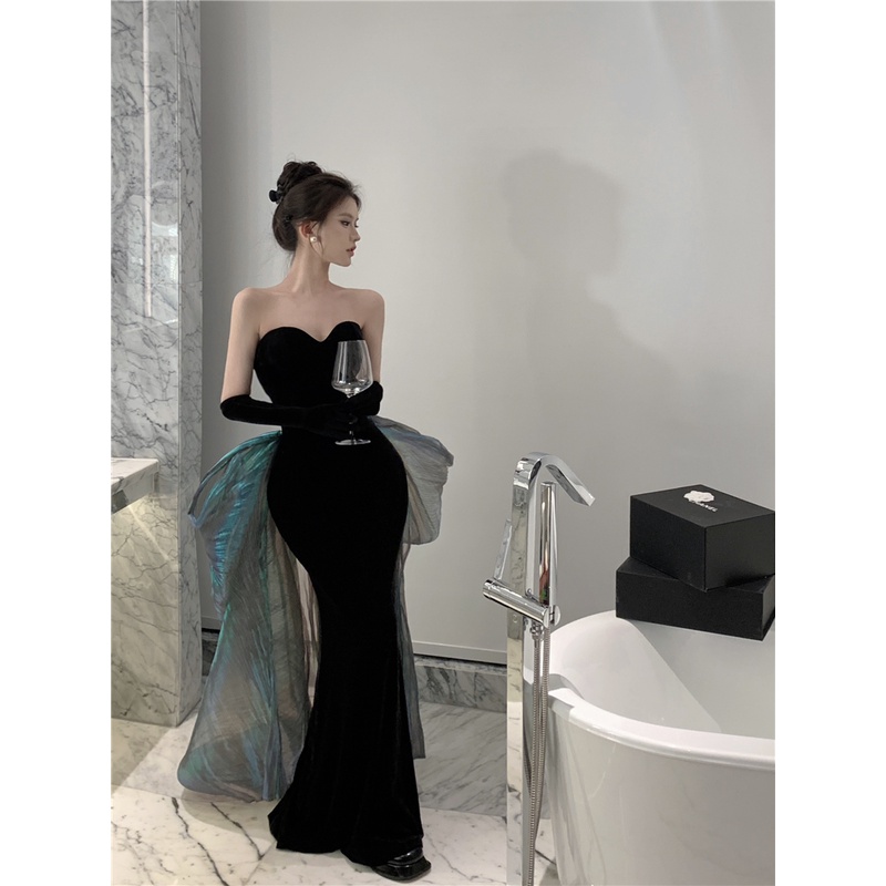 Black Velvet Strapless Bow Birthday Party Stage Performance Host ...
