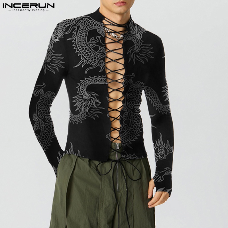 INCERUN Men Vintage Fashion Crossover Design Long Sleeves T-Shirts ...