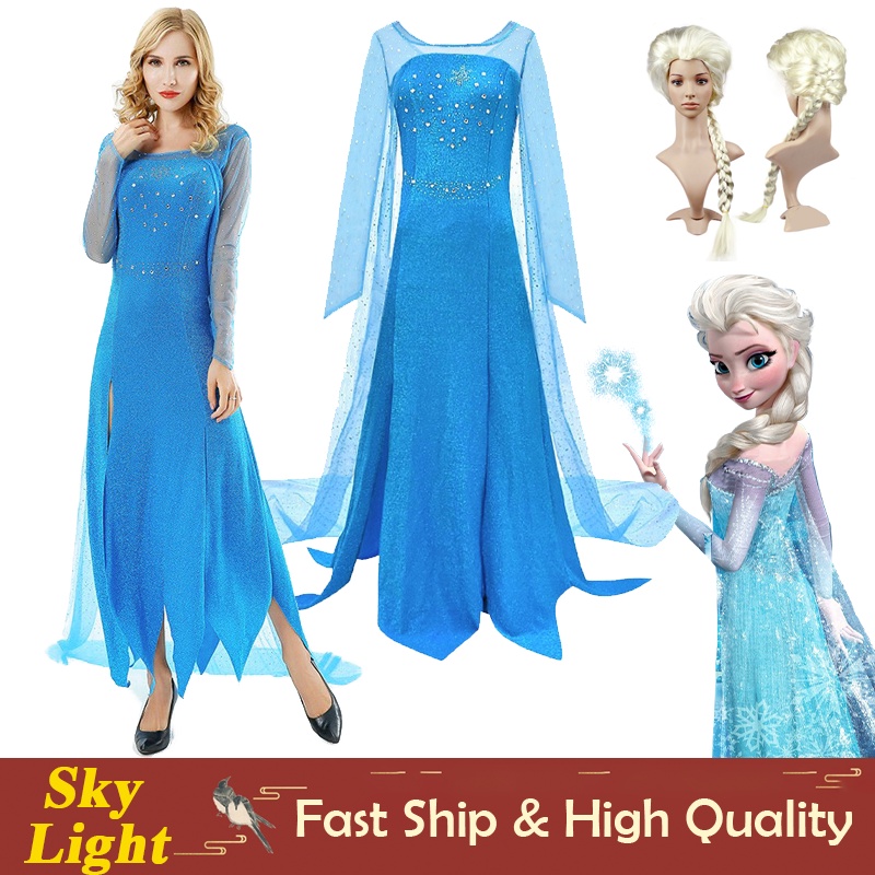 Elsa Frozen Cosplay Costume For Women Long Sleeve Blue Dress For Woman ...
